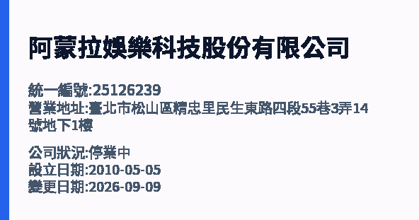 阿蒙拉娛樂科技股份有限公司的照片-統編 25126239 公司登記資料與營業項目詳細圖表