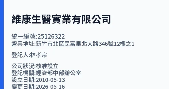 維康生醫實業有限公司的照片-統編 25126322(新竹市) 公司登記資料與營業項目詳細圖表
