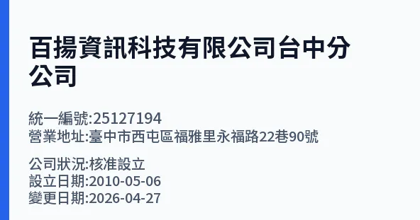 百揚資訊科技有限公司台中分公司的照片-統編 25127194(臺中市) 公司登記資料與營業項目詳細圖表
