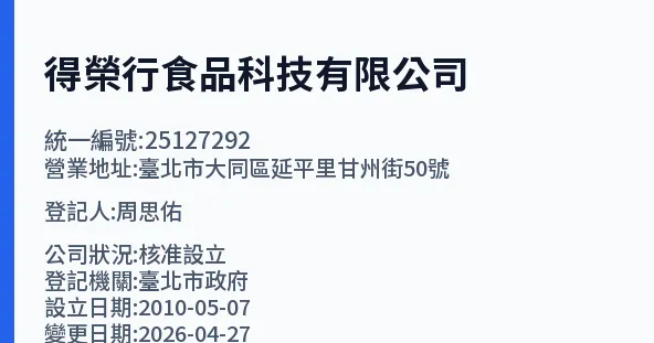 得榮行食品科技有限公司的照片-統編 25127292(臺北市) 公司登記資料與營業項目詳細圖表