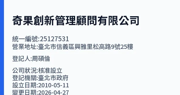 奇果創新管理顧問有限公司的照片-統編 25127531(臺北市) 公司登記資料與營業項目詳細圖表
