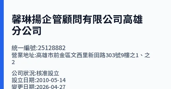 馨琳揚企管顧問有限公司高雄分公司的照片-統編 25128882(高雄市) 公司登記資料與營業項目詳細圖表