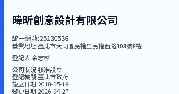 暐昕創意設計有限公司的照片-統編 25130536(臺北市) 公司登記資料與營業項目詳細圖表