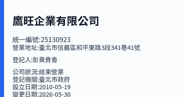 鷹旺企業有限公司的照片-統編 25130923(臺北市) 公司登記資料與營業項目詳細圖表
