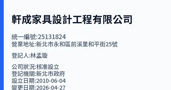 軒成家具設計工程有限公司的照片-統編 25131824(新北市) 公司登記資料與營業項目詳細圖表