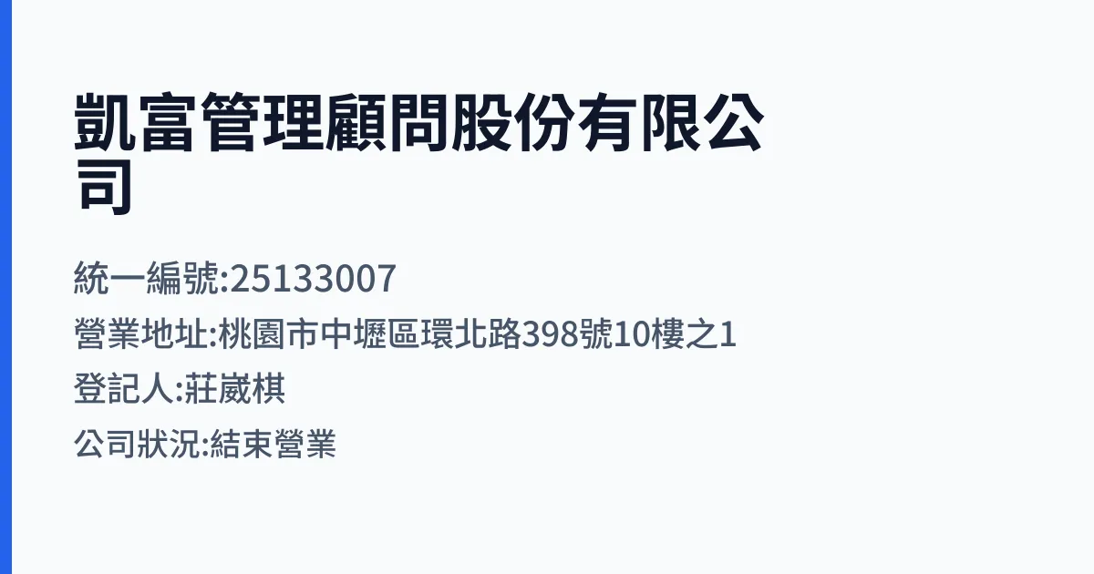 凱富管理顧問股份有限公司 - 統編 25133007(桃園市) 公司登記資料與營業項目詳細圖表