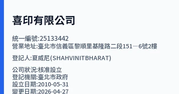 喜印有限公司的照片-統編 25133442(臺北市) 公司登記資料與營業項目詳細圖表