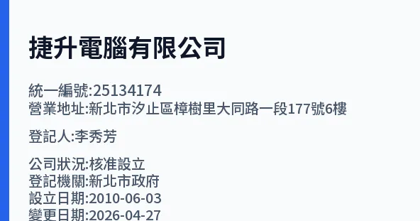 捷升電腦有限公司的照片-統編 25134174(新北市) 公司登記資料與營業項目詳細圖表