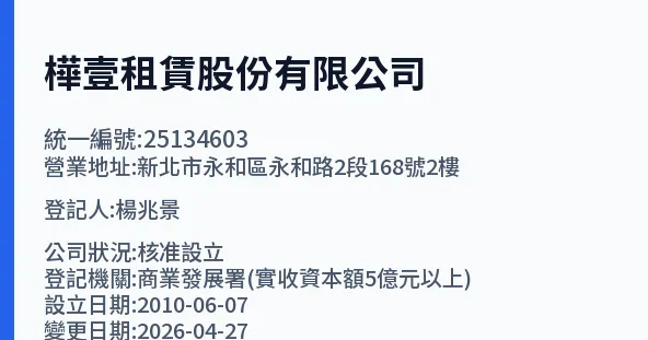 樺壹租賃股份有限公司的照片-統編 25134603(新北市) 公司登記資料與營業項目詳細圖表