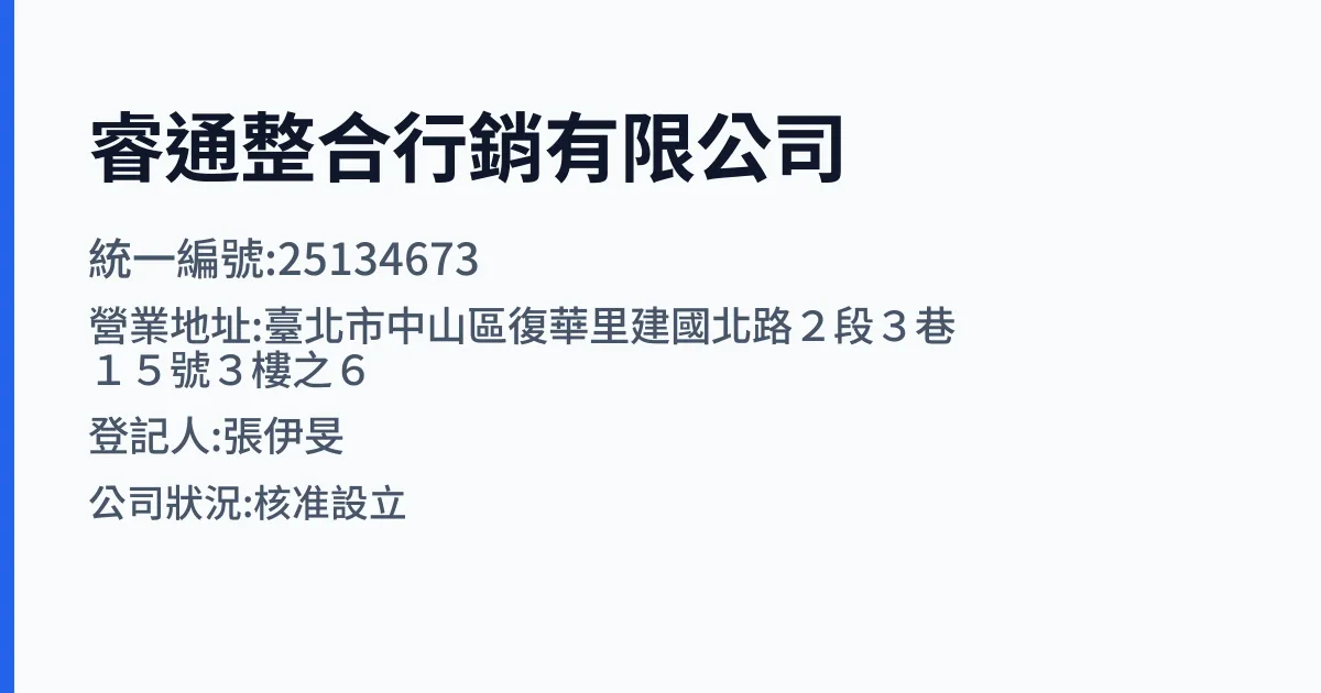 睿通整合行銷有限公司 - 統編 25134673(臺北市) 公司登記資料與營業項目詳細圖表