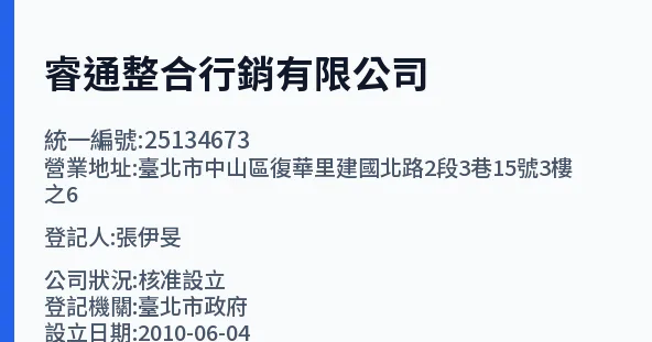 睿通整合行銷有限公司的照片-統編 25134673(臺北市) 公司登記資料與營業項目詳細圖表