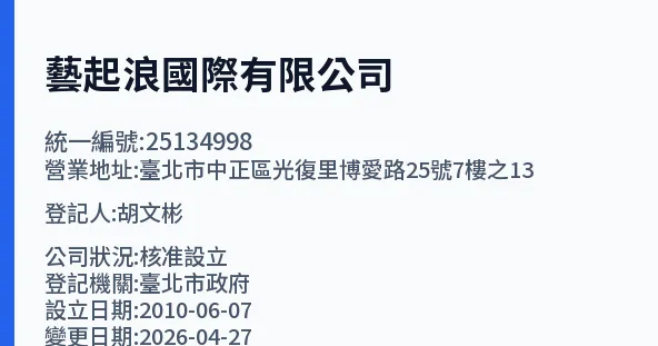 藝起浪國際有限公司的照片-統編 25134998(臺北市) 公司登記資料與營業項目詳細圖表