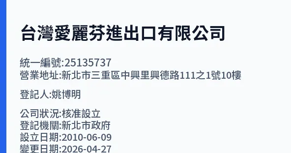 台灣愛麗芬進出口有限公司的照片-統編 25135737(新北市) 公司登記資料與營業項目詳細圖表