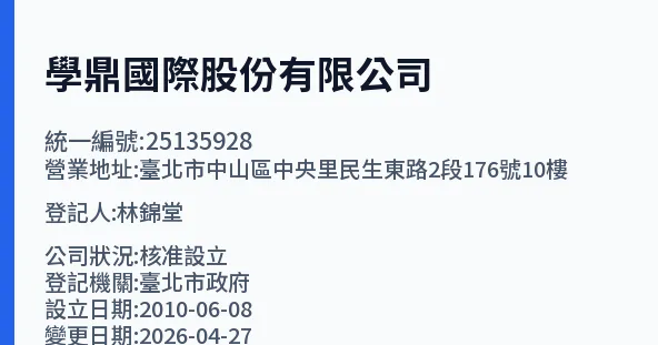學鼎國際股份有限公司的照片-統編 25135928(臺北市) 公司登記資料與營業項目詳細圖表