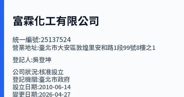 富霖化工有限公司的照片-統編 25137524(臺北市) 公司登記資料與營業項目詳細圖表