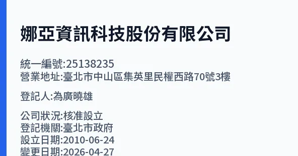 娜亞資訊科技股份有限公司的照片-統編 25138235(臺北市) 公司登記資料與營業項目詳細圖表