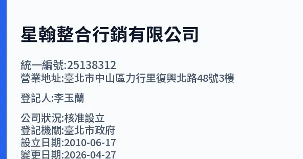 星翰整合行銷有限公司的照片-統編 25138312(臺北市) 公司登記資料與營業項目詳細圖表