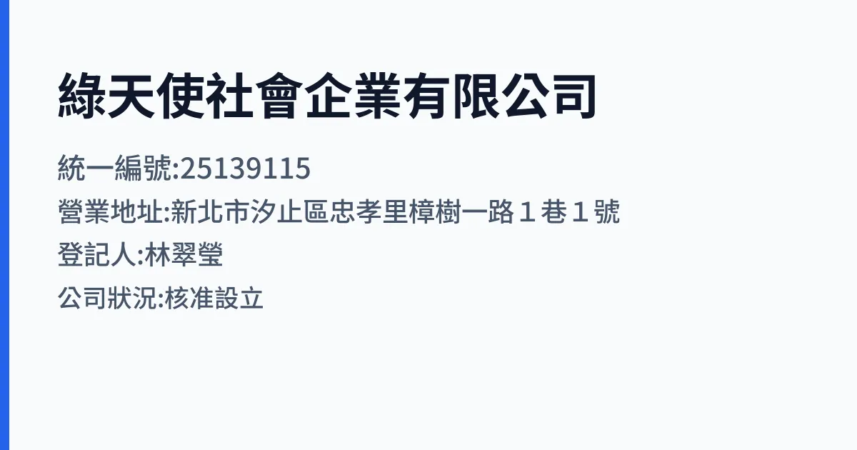 綠天使社會企業有限公司 - 統編 25139115(新北市) 公司登記資料與營業項目詳細圖表