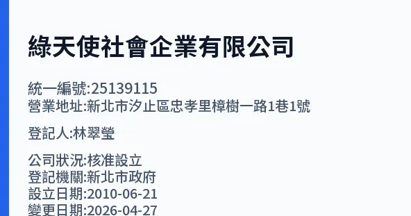 綠天使社會企業有限公司的照片-統編 25139115(新北市) 公司登記資料與營業項目詳細圖表