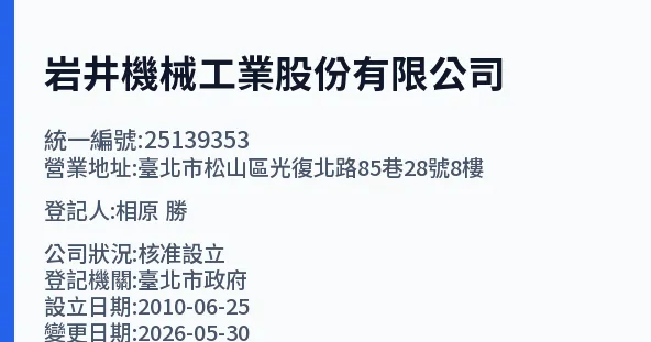 岩井機械工業股份有限公司的照片-統編 25139353(臺北市) 公司登記資料與營業項目詳細圖表