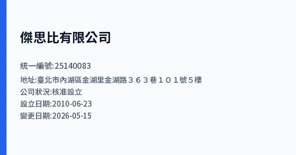 傑思比有限公司的照片-統編 25140083(臺北市) 公司登記資料與營業項目詳細圖表