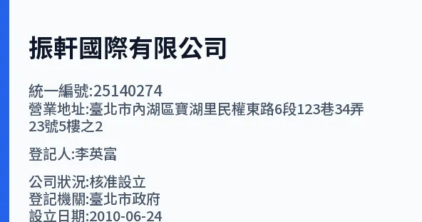 振軒國際有限公司的照片-統編 25140274(臺北市) 公司登記資料與營業項目詳細圖表