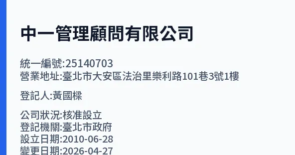 中一管理顧問有限公司的照片-統編 25140703(臺北市) 公司登記資料與營業項目詳細圖表