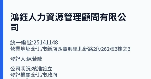 鴻鈺人力資源管理顧問有限公司的照片-統編 25141148(新北市) 公司登記資料與營業項目詳細圖表