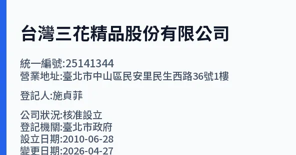 台灣三花精品股份有限公司的照片-統編 25141344(臺北市) 公司登記資料與營業項目詳細圖表