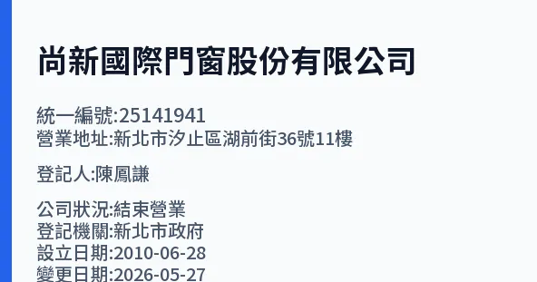 尚新國際門窗股份有限公司的照片-統編 25141941(新北市) 公司登記資料與營業項目詳細圖表