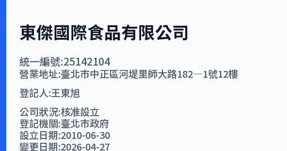 東傑國際食品有限公司的照片-統編 25142104(臺北市) 公司登記資料與營業項目詳細圖表