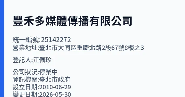 豐禾多媒體傳播有限公司的照片-統編 25142272(臺北市) 公司登記資料與營業項目詳細圖表