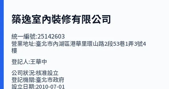 築逸室內裝修有限公司的照片-統編 25142603(臺北市) 公司登記資料與營業項目詳細圖表
