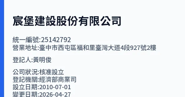 宸堡建設股份有限公司的照片-統編 25142792(臺中市) 公司登記資料與營業項目詳細圖表