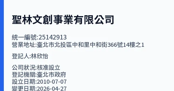 聖林文創事業有限公司的照片-統編 25142913(臺北市) 公司登記資料與營業項目詳細圖表