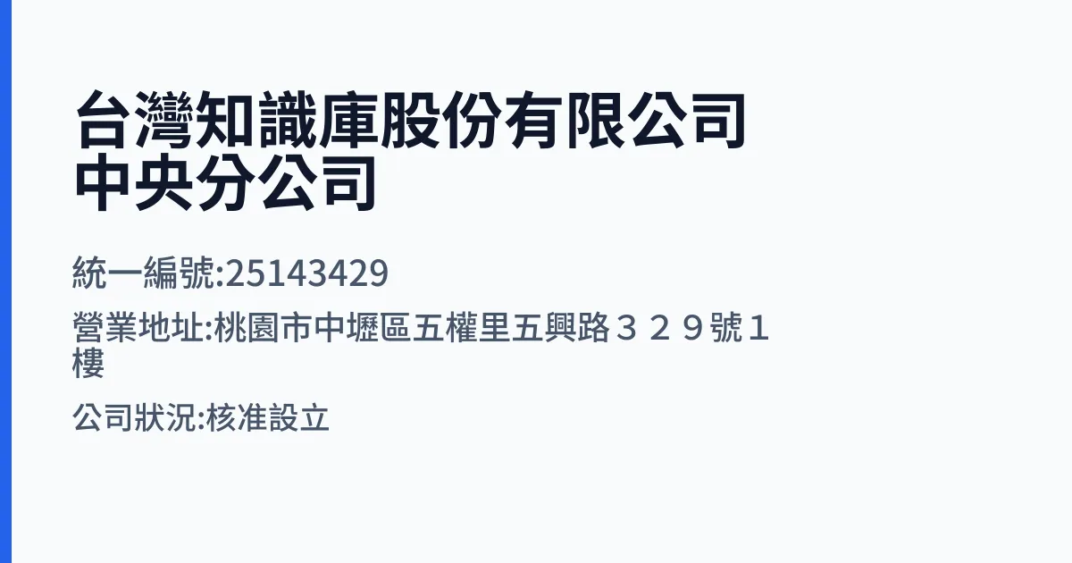 台灣知識庫股份有限公司中央分公司 - 統編 25143429(桃園市) 公司登記資料與營業項目詳細圖表