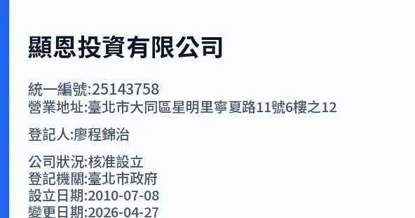 顯恩投資有限公司的照片-統編 25143758(臺北市) 公司登記資料與營業項目詳細圖表
