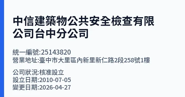 中信建築物公共安全檢查有限公司台中分公司的照片-統編 25143820(臺中市) 公司登記資料與營業項目詳細圖表