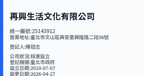 再興生活文化有限公司的照片-統編 25143912(臺北市) 公司登記資料與營業項目詳細圖表