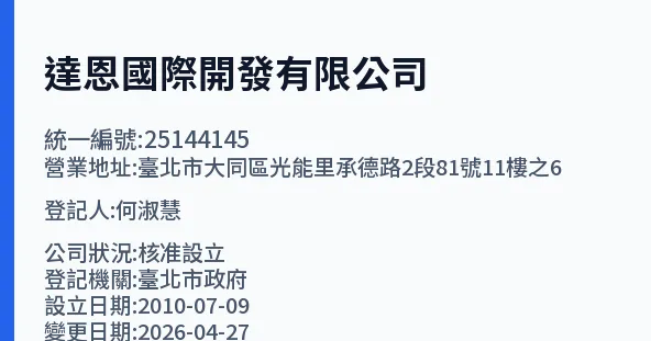 達恩國際開發有限公司的照片-統編 25144145(臺北市) 公司登記資料與營業項目詳細圖表