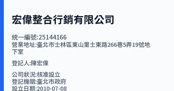 宏偉整合行銷有限公司的照片-統編 25144166(臺北市) 公司登記資料與營業項目詳細圖表
