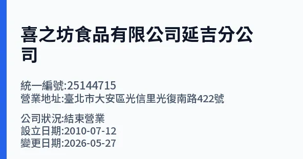 喜之坊食品有限公司延吉分公司的照片-統編 25144715(臺北市) 公司登記資料與營業項目詳細圖表