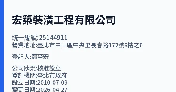 宏築裝潢工程有限公司的照片-統編 25144911(臺北市) 公司登記資料與營業項目詳細圖表