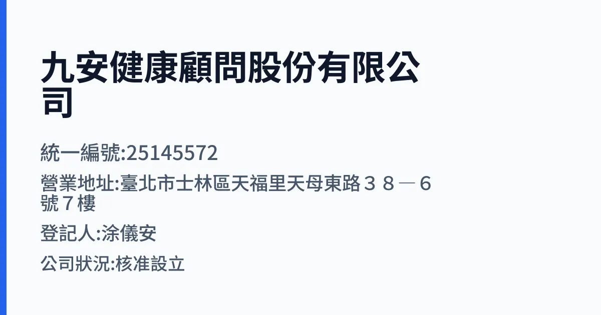 九安健康顧問股份有限公司 - 統編 25145572(臺北市) 公司登記資料與營業項目詳細圖表
