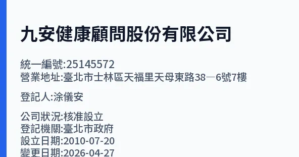九安健康顧問股份有限公司的照片-統編 25145572(臺北市) 公司登記資料與營業項目詳細圖表