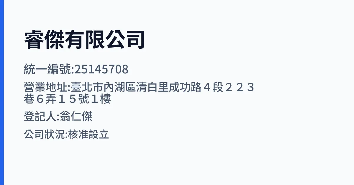 睿傑有限公司 - 統編 25145708（臺北市） 公司登記資料與營業項目詳細圖表
