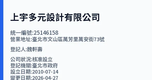 上宇多元設計有限公司的照片-統編 25146158(臺北市) 公司登記資料與營業項目詳細圖表