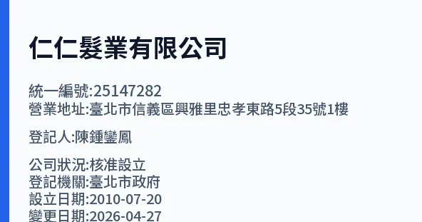 仁仁髮業有限公司的照片-統編 25147282(臺北市) 公司登記資料與營業項目詳細圖表