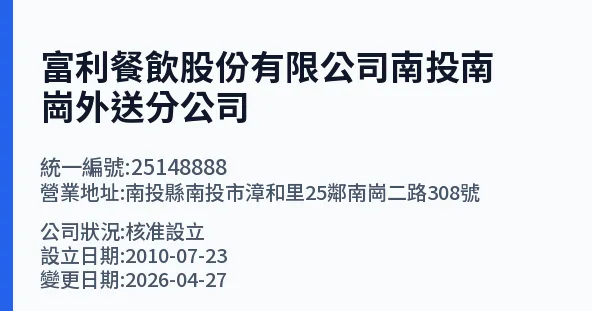 富利餐飲股份有限公司南投南崗外送分公司的照片-統編 25148888(南投縣) 公司登記資料與營業項目詳細圖表