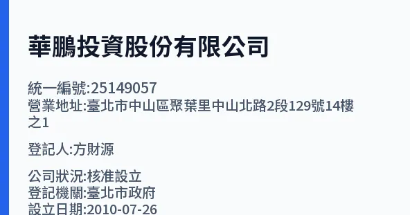 華鵬投資股份有限公司的照片-統編 25149057(臺北市) 公司登記資料與營業項目詳細圖表